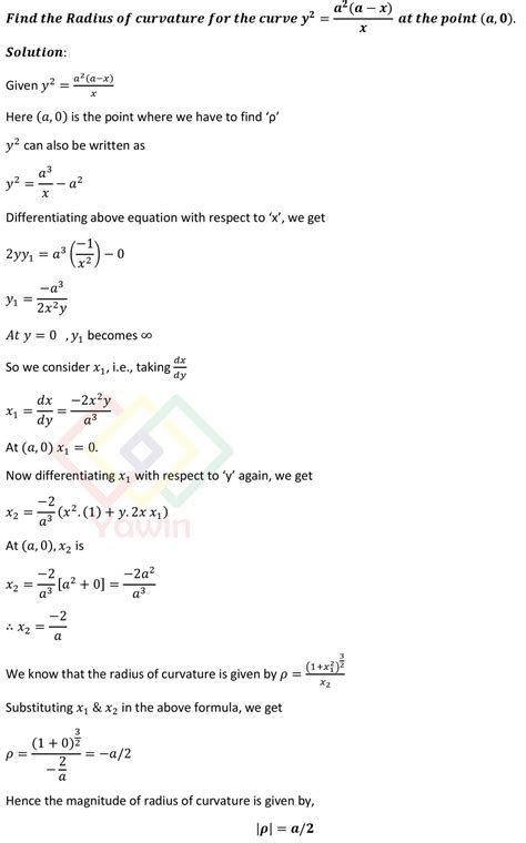 Find The Radius Of Curvature For The Curve Y 2 A 2 A X X At The