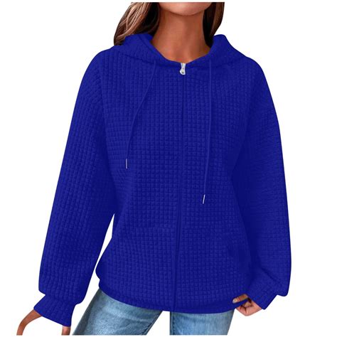Badhub 2023 Clearance Waffle Knit Hoodie For Women Solid Color Zip Up