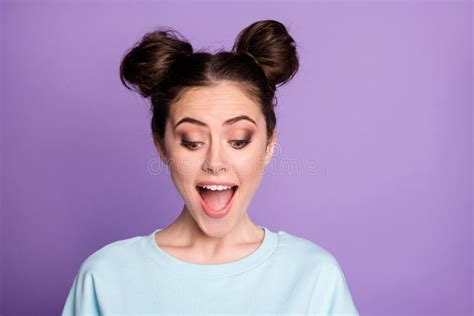 Portrait Of Astonished Positive Cheerful Girl Youth Look Down See