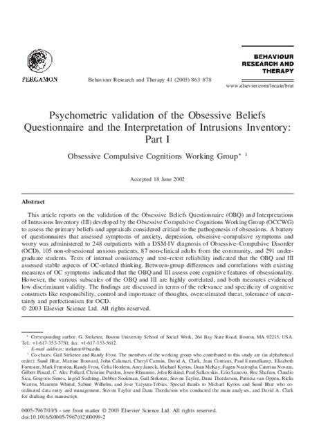 Pdf Psychometric Validation Of The Obsessive Beliefs Questionnaire
