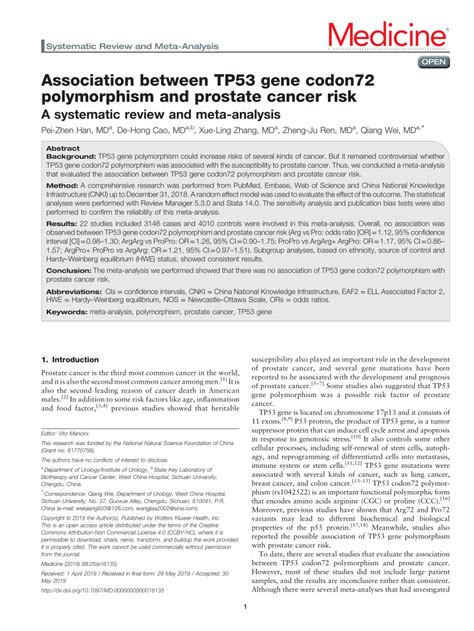 Pdf Association Between Tp53 Gene Codon72 Polymorphism And Prostate