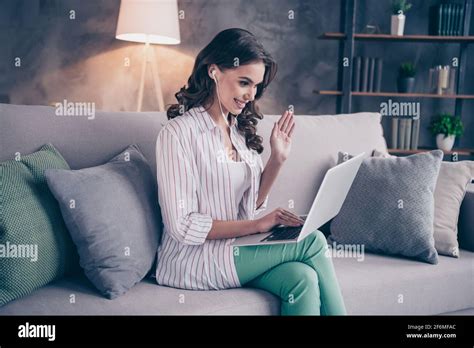 Profile Photo Of Optimistic Brunette Curly Hairdo Lady Work Talk Laptop
