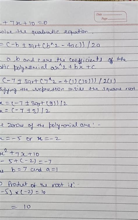 Find The Zeroes Of The Quadratic Polynomial X2 7x 10 Verify The