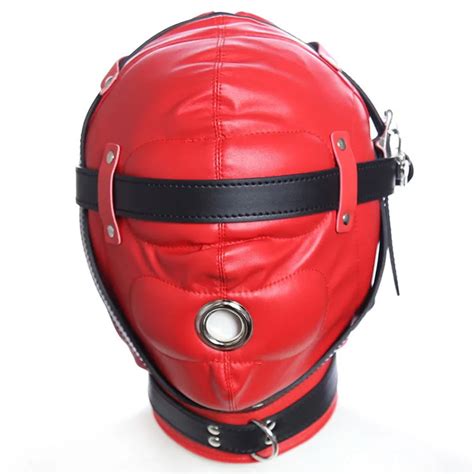 Red Black Leather Bondage Hood Fetish Mask Adult Games Restraints Slave