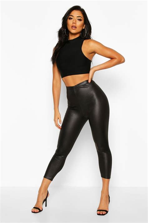 High Waist Cropped Wet Look Legging Boohoo Outfits With Leggings