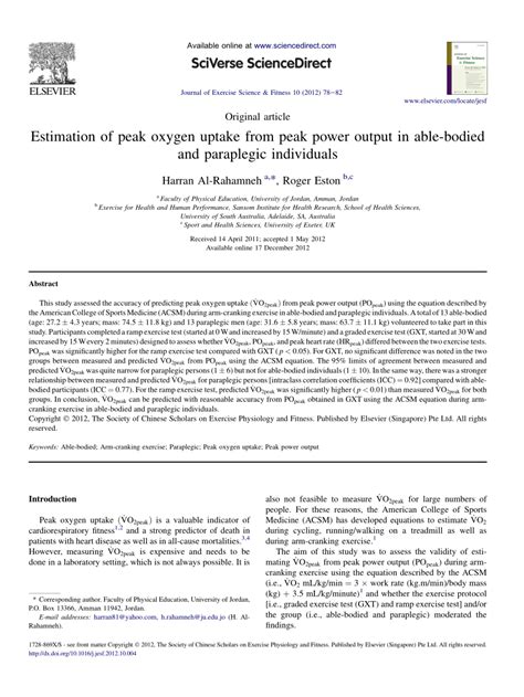 Pdf Estimation Of Peak Oxygen Uptake From Peak Power Output In Able