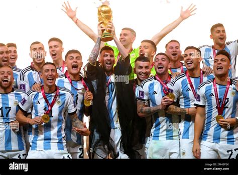 Argentina Captain Lionel Messi Lifts The Fifa World Cup Trophy