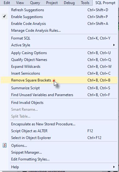 removing the square bracket decorations with sql prompt redgate