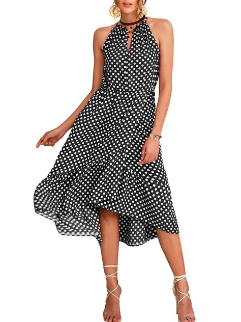 Women Summer Polka Dot Halter Neck Dress Bohemian Sleeveless Irregular