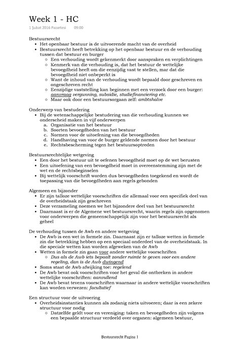 Bestuursrecht College Aantekeningen Colleges 1 7 Week 1 Hc 1