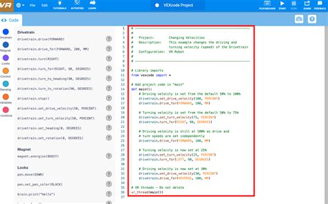 using example python projects in vexcode vr vex library