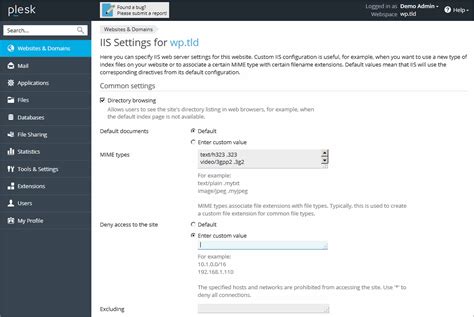adjusting iis settings for websites plesk onyx documentation