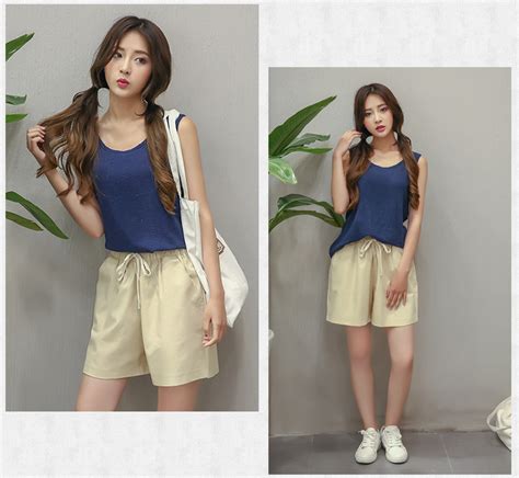 Cotton Linen Elastic Waist Women Shorts Candy Colors Loose Casual