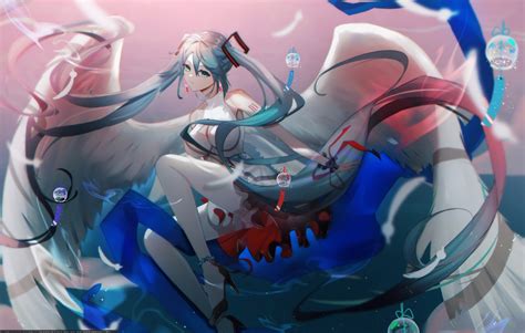 Wallpaper Hatsune Miku Anime Girls Vocaloid Wings Blue Hair Blue