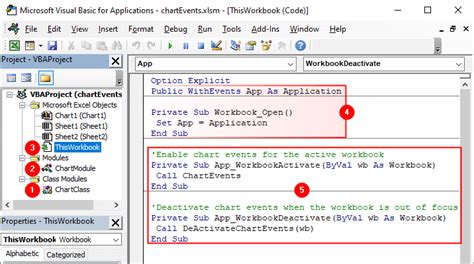 how to use events with an embedded chart in excel