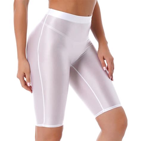 Cheap Womens Glossy High Waist Booty Shorts Tummy Control Athletic
