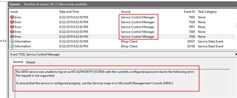 the sens service was unable to log on as nt authority system with