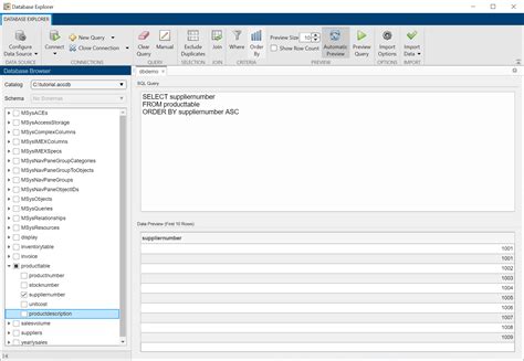 configure explore and import database data matlab