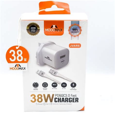 راس شاحن جداري 38 واط مع منفذين Pd و Usb بخاصية الشحن السريع مع كيبل