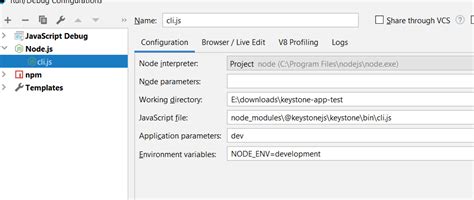 how does one debug keystonejs apps in webstorm ides support