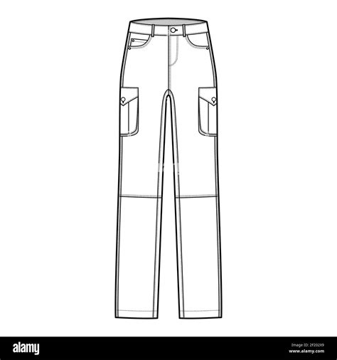 Set Of Jeans Cargo Denim Pants Technical Fashion Illustration With Low