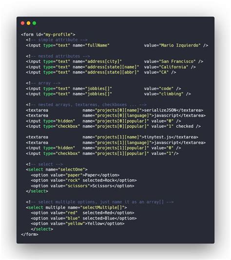 how to serialize html form to json html form code coding learn
