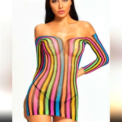 Intimates And Sleepwear Rainbow Striped Mesh Sexy Mini Dress Off