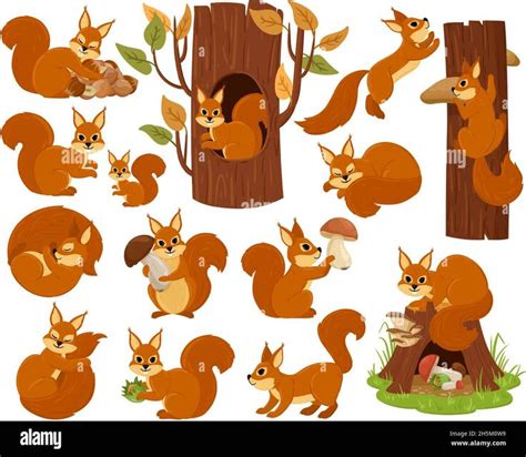 The Squirrels Are Sitting On The Tree Stump And Eating Nuts In The
