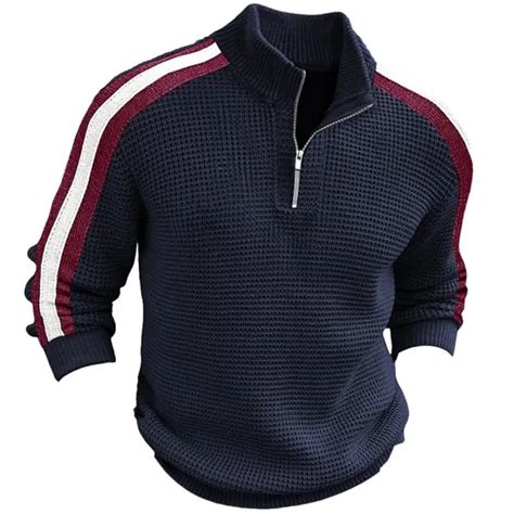 Mens Outdoor Casual Zipper Stand Collar Color Block Knitted Sweater