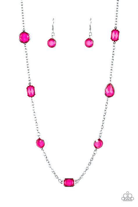 Paparazzi Glassy Glamorous Pink Necklace And Earring Set Pink Gem