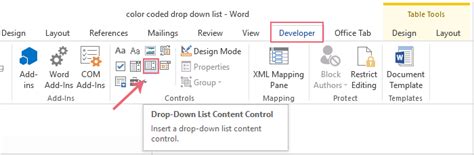 how to insert color coded drop down list in word table