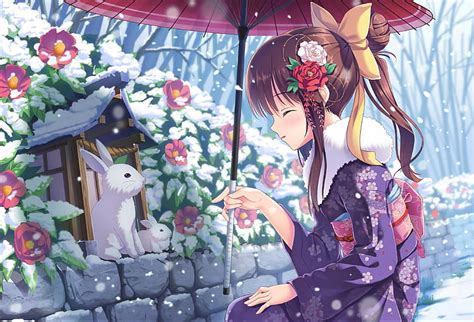 Hd Wallpaper Anime Girls Japanese Umbrella Rabbits Snow Flowers