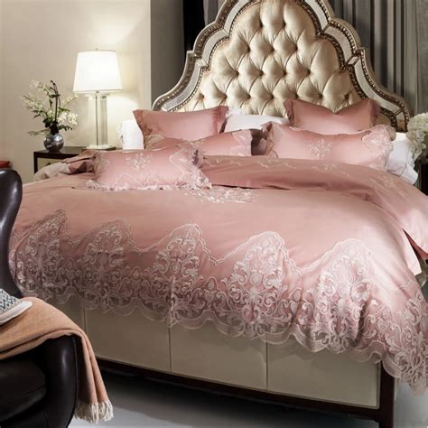 French Egyptian Cotton 800tc Satin Embroidery Lace Wedding Bedding Set