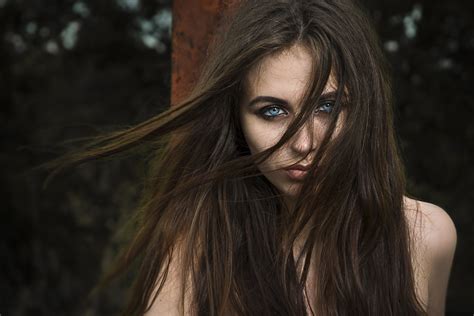 Wallpaper Women Long Hair Blue Eyes Brunette Glasses Windy Hair
