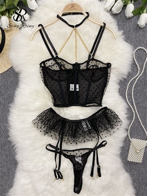 Singreiny Women Lace Sexy Lingerie Three Pieces Sets Ruffles Backless