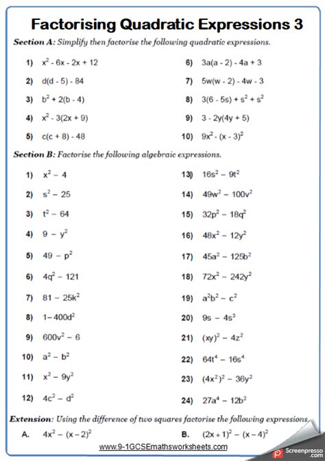 Factoring Quadratics Worksheet With Answers