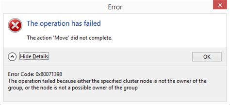 microsoft failover cluster fails with error code 0x80071398