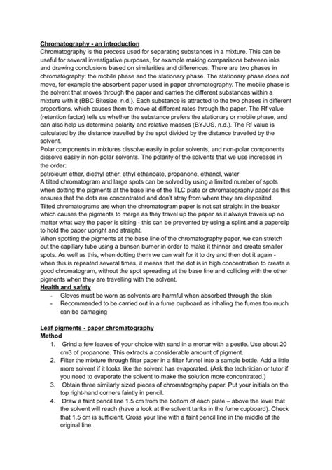 Applied Science Year 1 Unit 2c Chromatography Unit 2 Practical