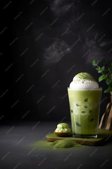 Зеленый чай матча со льдом с кубиками льда и молоком в креативной