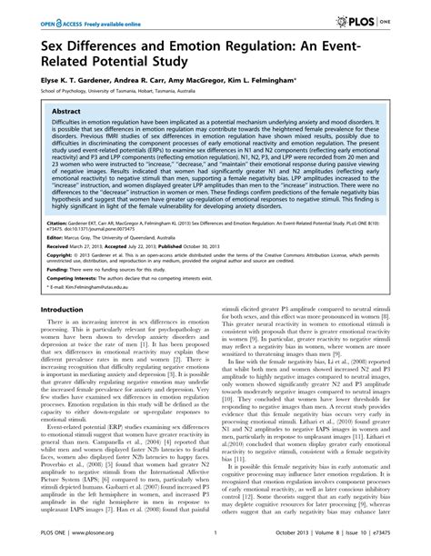 Pdf Sex Differences And Emotion Regulation An Event Related
