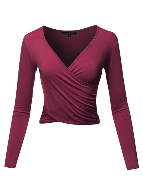 A2y Womens Long Sleeve Deep V Neck Cross Wrap Crop Top T Shirts Wine L