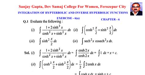 Integration Of Hyperbolic And Inverse Hyperbolic Functions Exercise 6 A