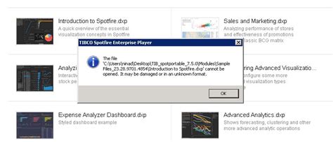 opening spotfire sample files fails with error the file cannot be