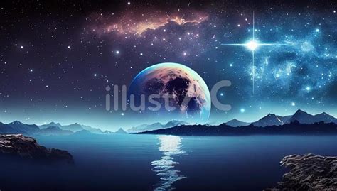 星が輝く幻想的な夜空と月の風景画イラスト No 23676335／無料イラスト フリー素材なら「イラストac」
