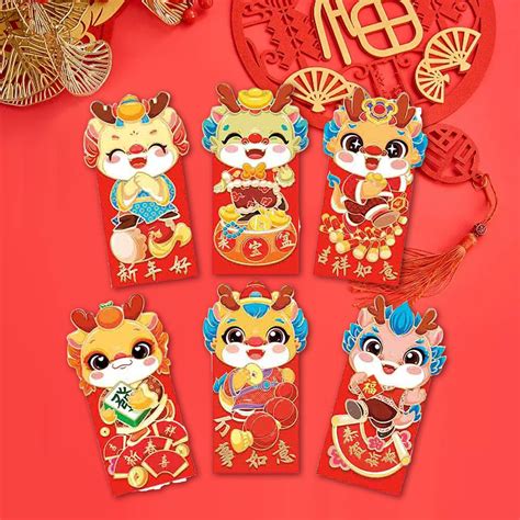6pcs Chinese New Year Dragon 2024 Red Envelopes Cute Cartoon Dragon