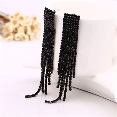 Buy Black Full Rhinestone Vintage Tassel Earrings Drop