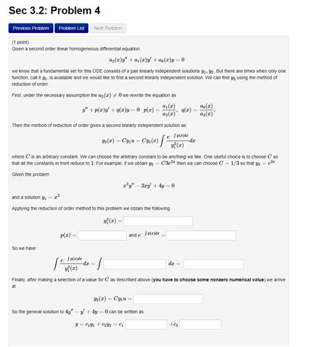 Solved 1 Point Given A Second Order Linear Homogeneous