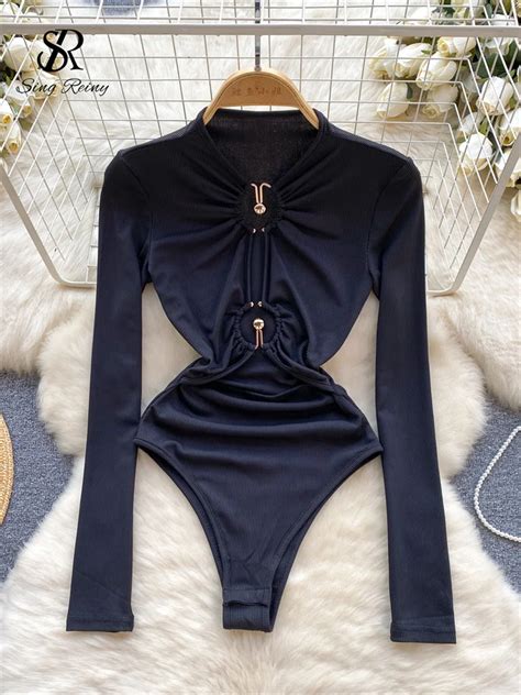 Singreiny 2024 Autumn Skinny Sensual Bodysuits V Neck Long Sleeve Solid