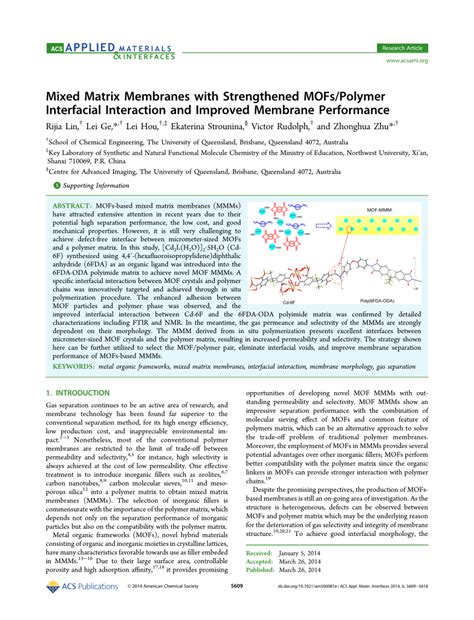 Pdf Mixed Matrix Membranes With Strengthened Mofs Polymer Interfacial