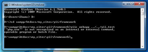 yii yiic php exe is not recognized command stack overflow